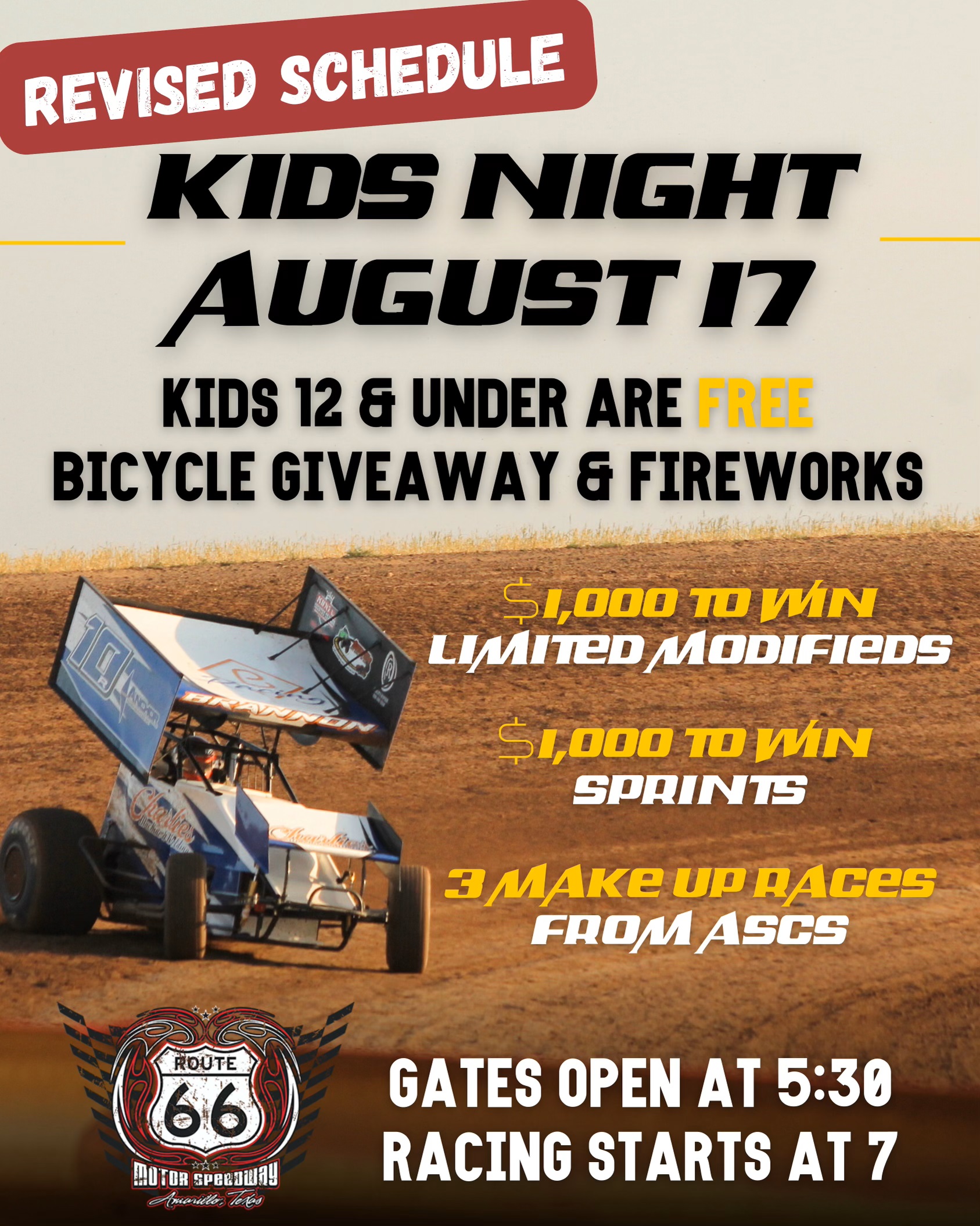 Route 66 Motor Speedway - Fireworks, Kids Night and lots of racing Aug. 17